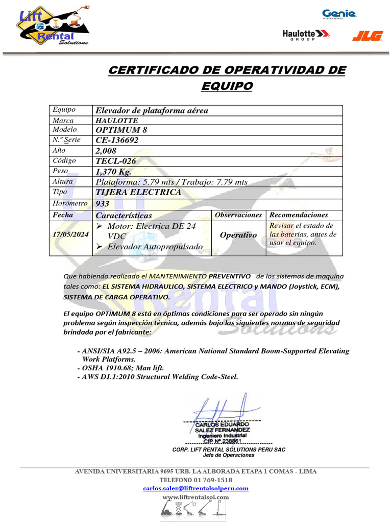 Certificado de Operatividad Elevador OPTIMUM 8 | PDF | Tecnología