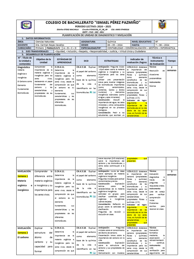 PLAN. DIAG Y NIV 1ro Química | PDF | Biomoléculas | Organismos