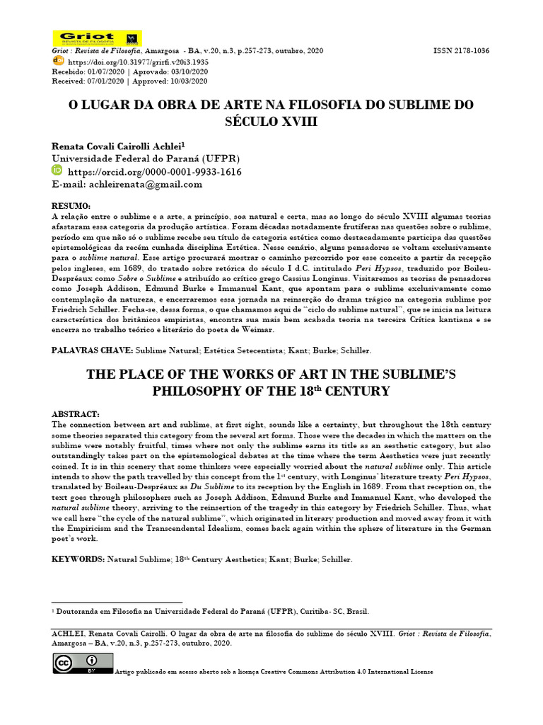 o Lugar Da Obra de Arte Na Filosofia Do Sublime Do Século Xviii | PDF ...
