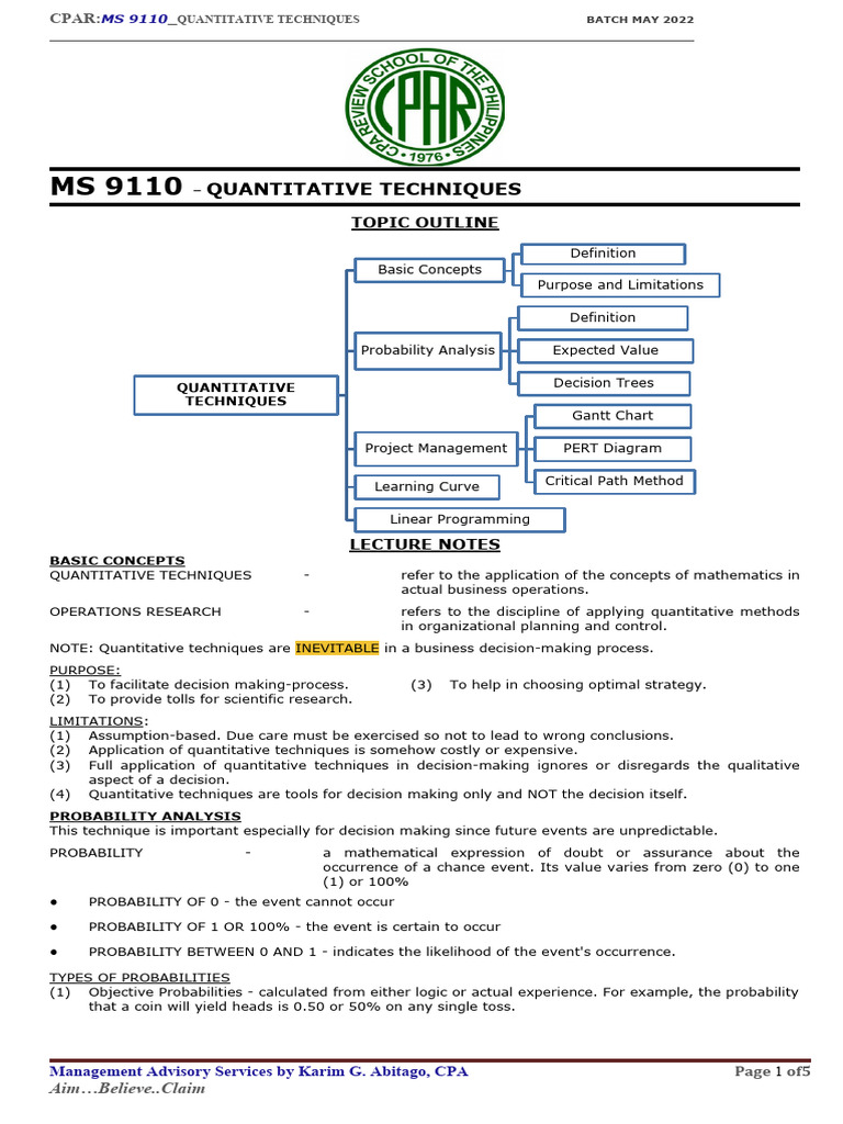 MS9110 - Quantitative Techniques | PDF | Quantitative Research | Probability
