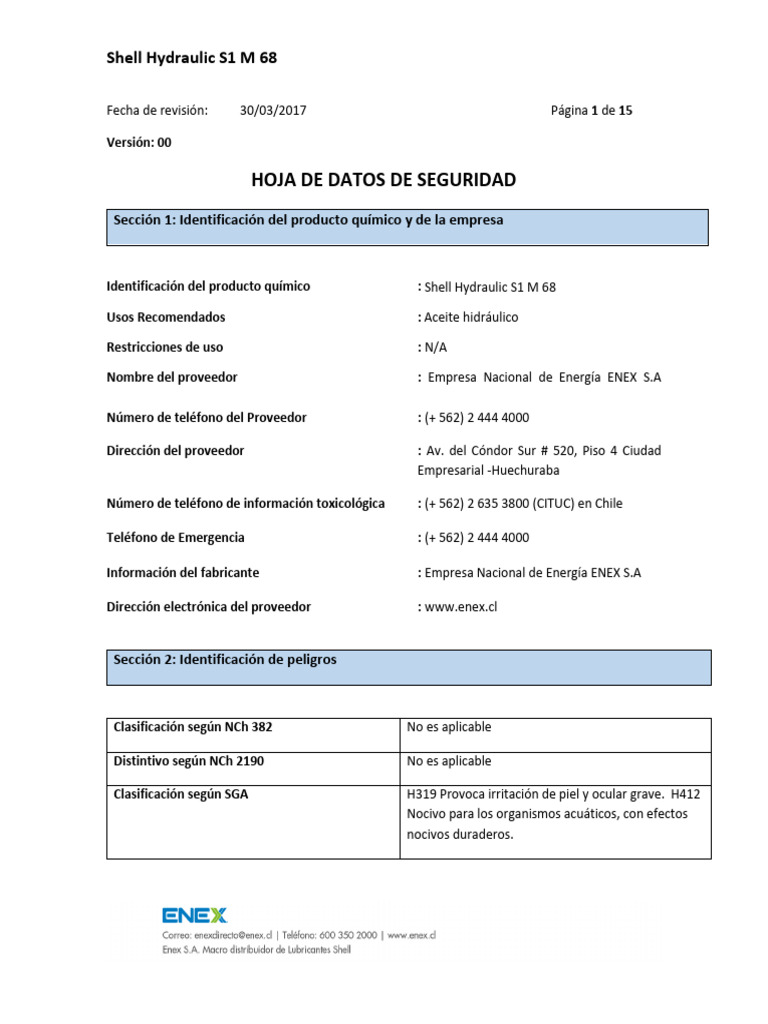Hydraulic s1 M 68 Msds Hds | PDF | Guante | Agua