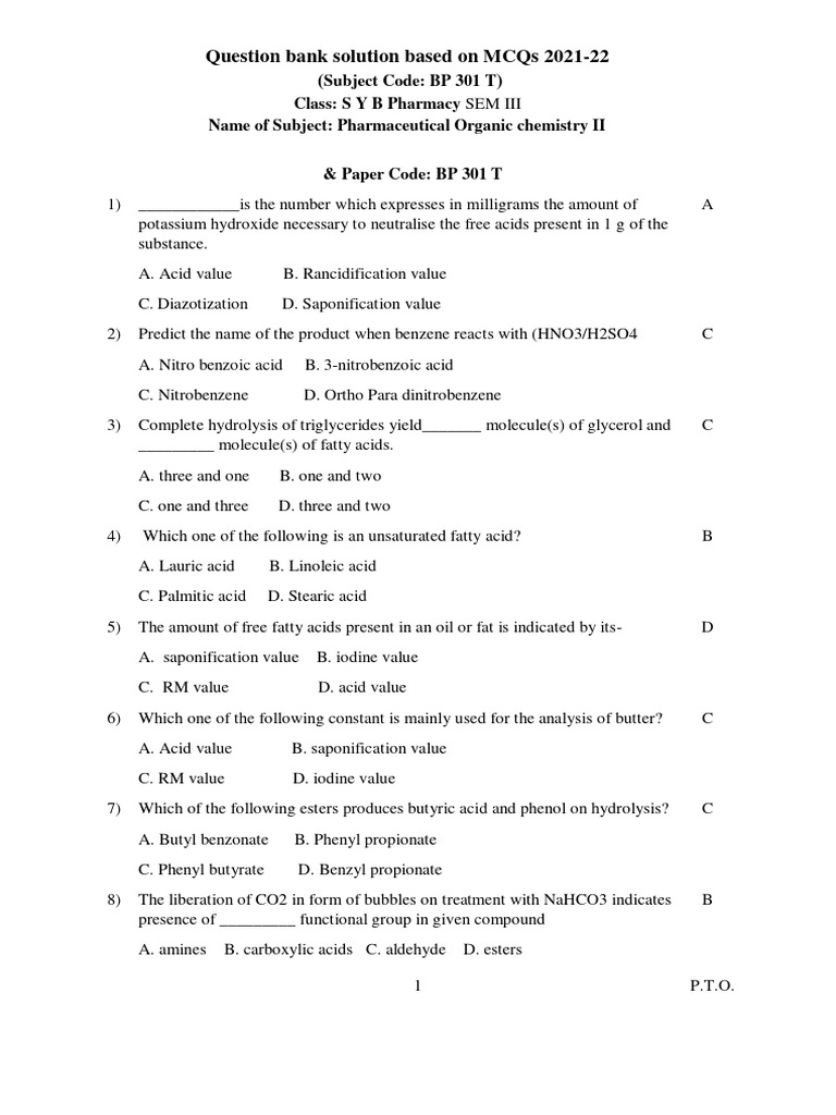 Mcqs On Pharmaceutical Organic Chemistry II | PDF | Fatty Acid | Hydrolysis