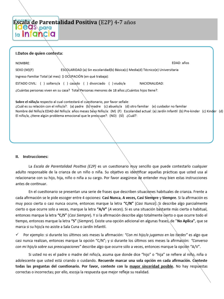 E2P - 4 A 7 Años | PDF | Cuestionario | Educación de la primera infancia