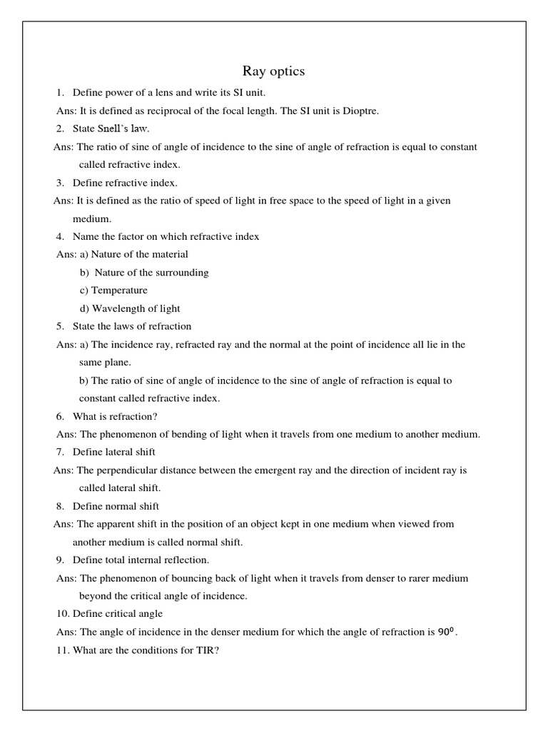 Ray Optics Study Guide | PDF | Refraction | Refractive Index