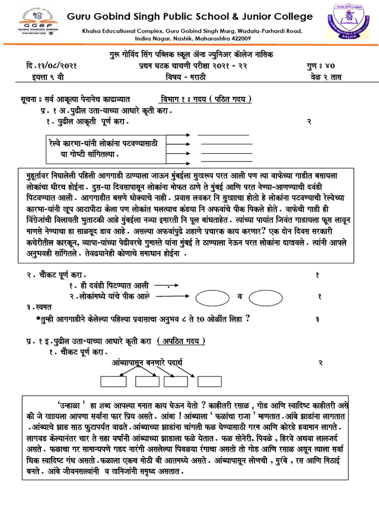 9th Marathi I Unit Test 2021 | PDF