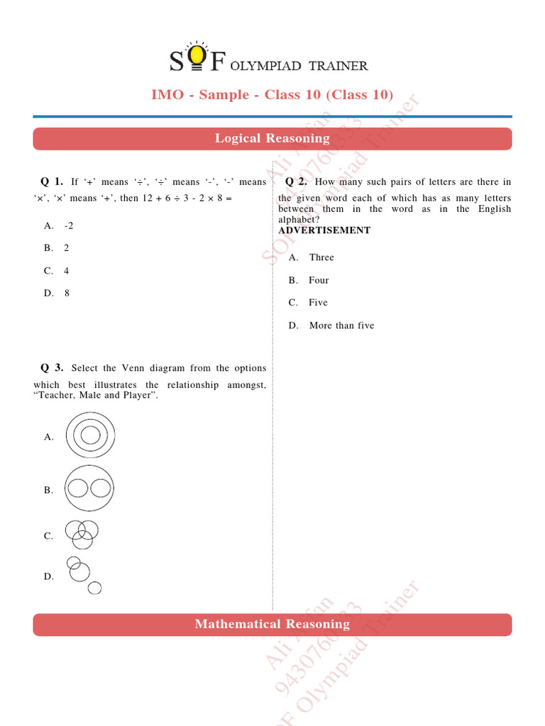 IMO - Sample - Class 10_answer | Download Free PDF | Mathematics