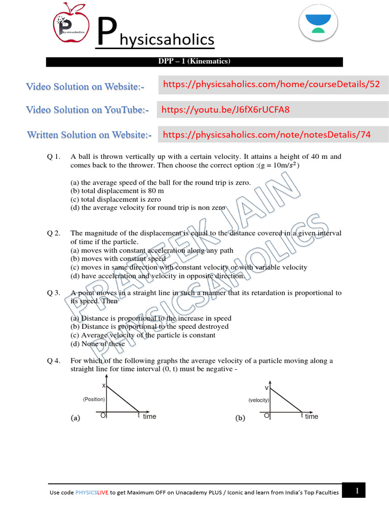 DPP-1 - (JEE Main - Adv.) Kinematics - Speed, Velocity, Distance and Displacement | PDF ...