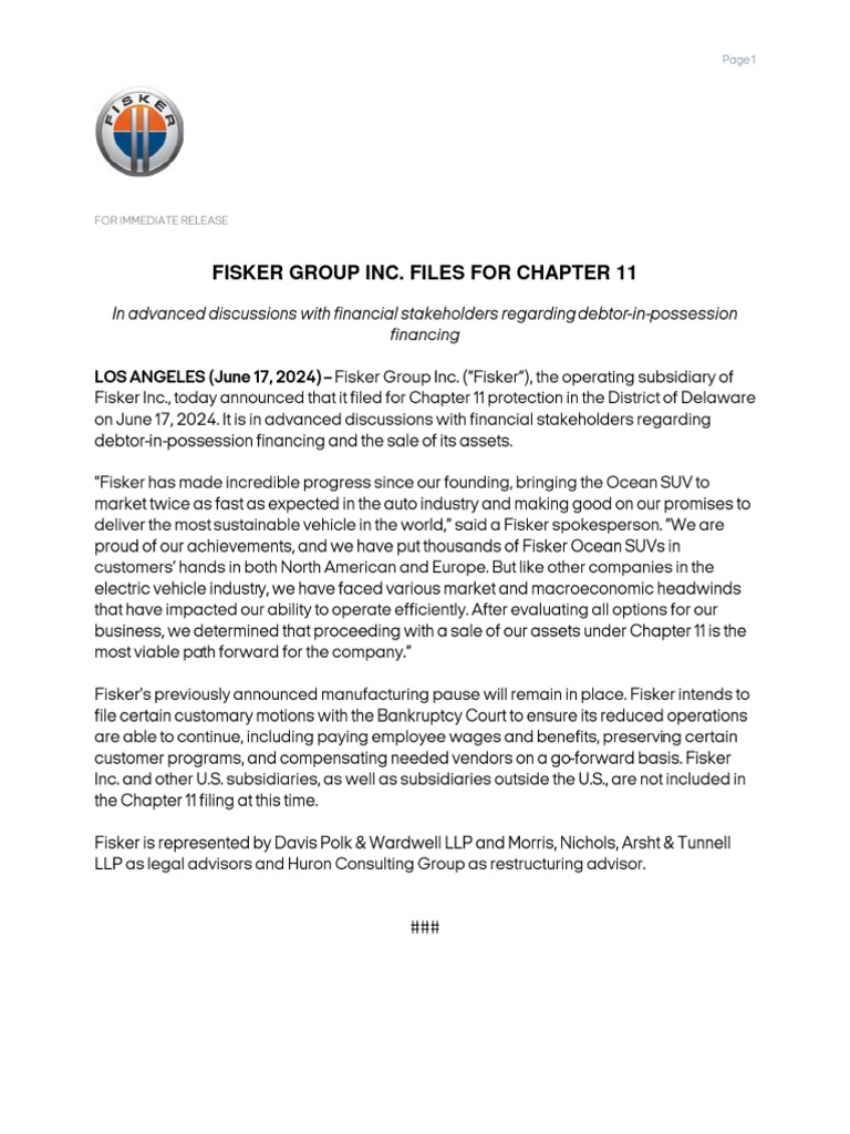 Fisker Chapter 11 Filing | PDF