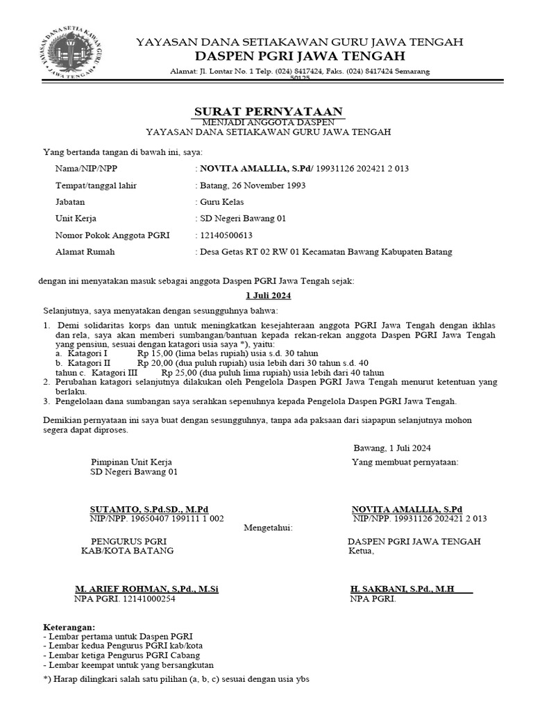 Contoh Pengisian Surat Pernyataan Daspen | PDF
