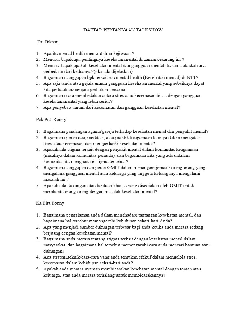 Daftar Pertanyaan Talkshow | PDF