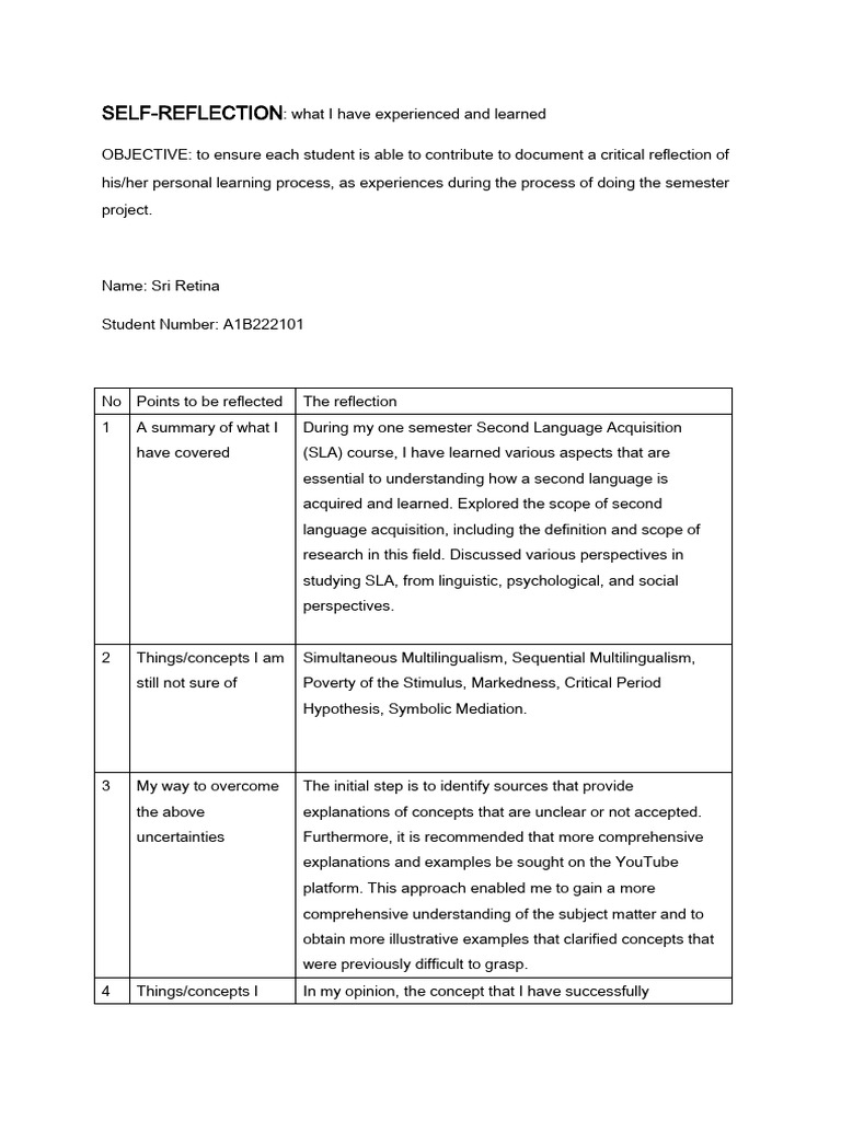 SELF Reflection SLA | PDF | Second Language Acquisition | Concept