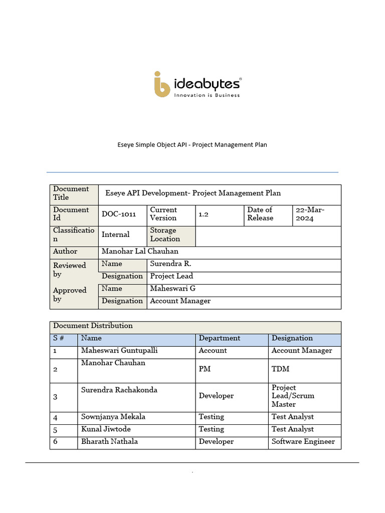 ESEYE API Development Project Management Plan V1.1 | PDF | Scrum (Software Development) | Software