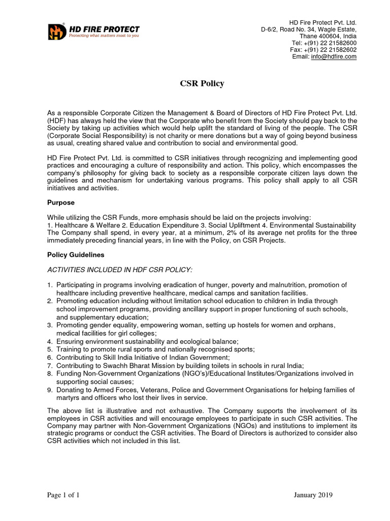 HD-CSR-Policy | PDF | Corporate Social Responsibility | Non Governmental Organization