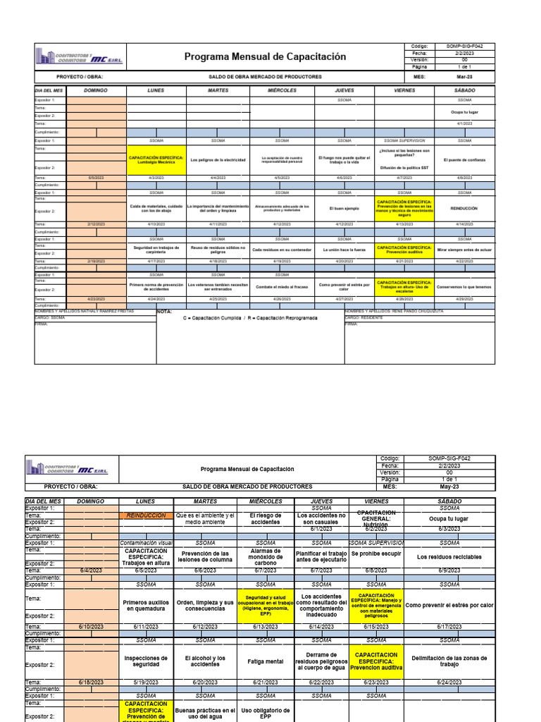 CUS-SST-FO-042 Programa Mensual de Capacitación | PDF | Contaminación | La seguridad
