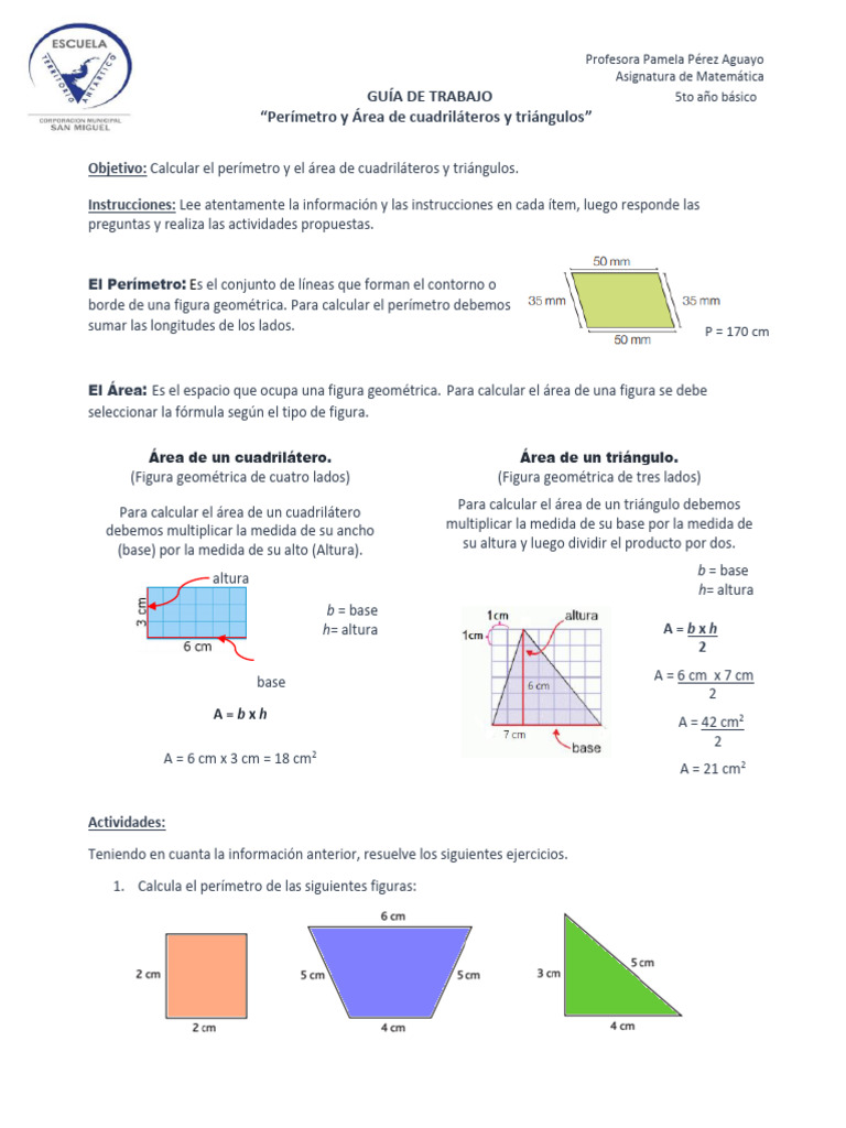 Guía Perímetro y área cuadrilátero y triángulo 5to. | Descargar gratis ...