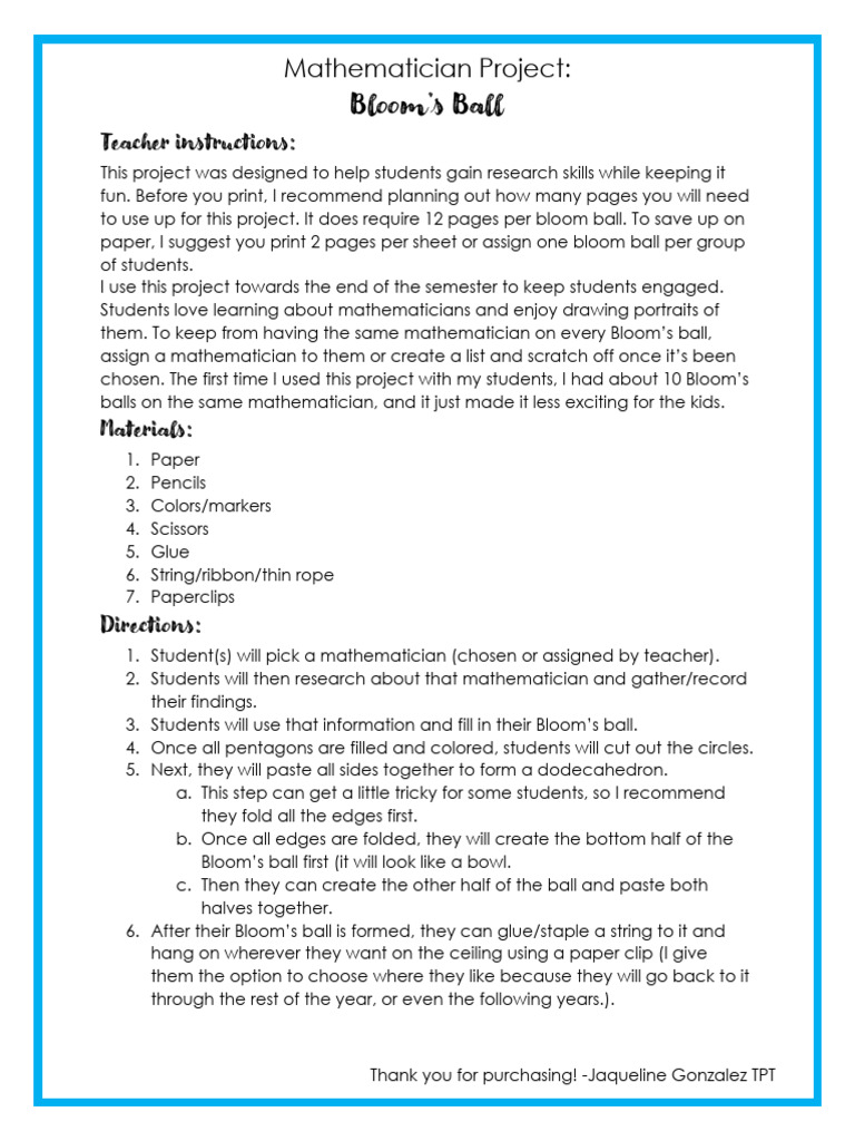 Mathematician Project: Bloom's Ball: Teacher Instructions | PDF