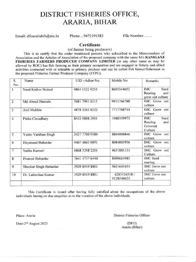 Producer Certificate Araria 2 | PDF