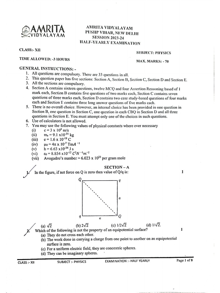 Amrita Vidyalayam Half Yearly Physics Xii | PDF