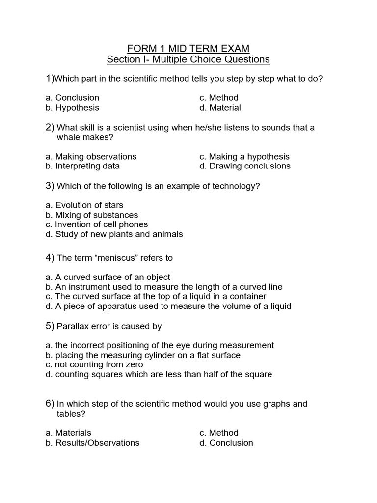 Form 1 Mid Term Exam | PDF | Chemical Substances | Liquids