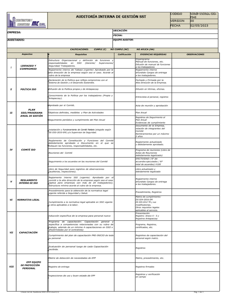 Cus-Sst-Fo-070 Check List Auditoria Interna | PDF | Auditoría | Higiene Ocupacional