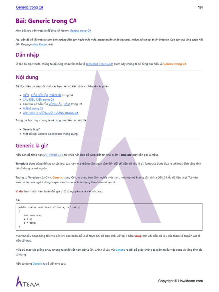 HOWKTEAM.VN - Generic trong C# | PDF