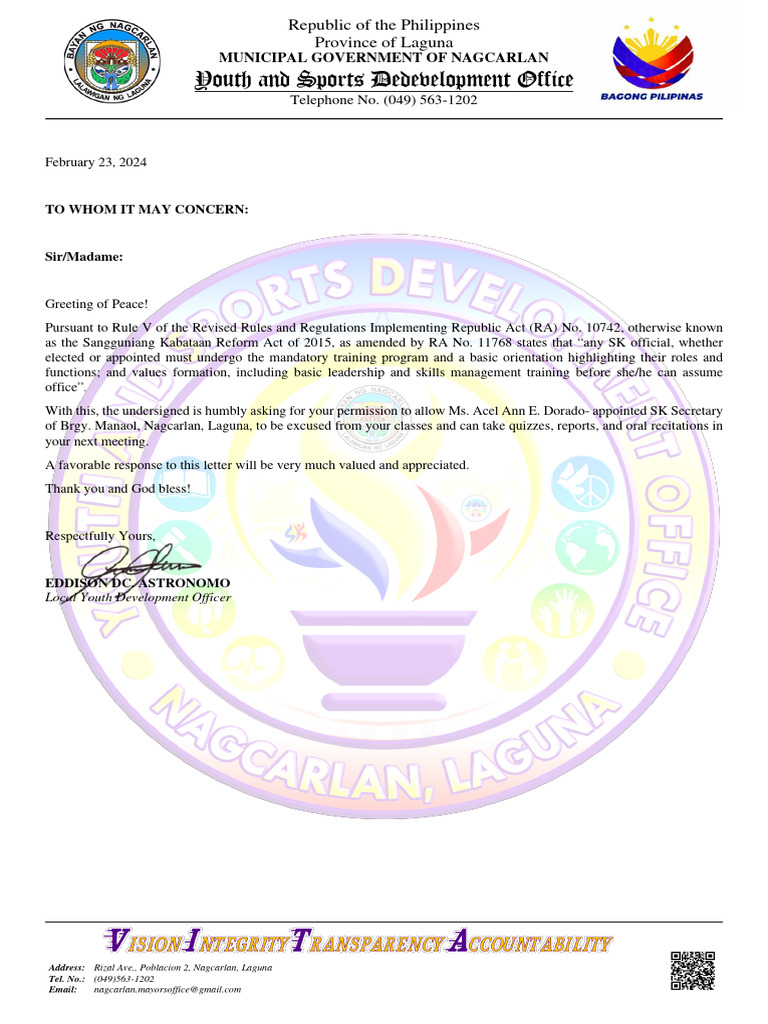 Excuse Letter For SK Officials | PDF