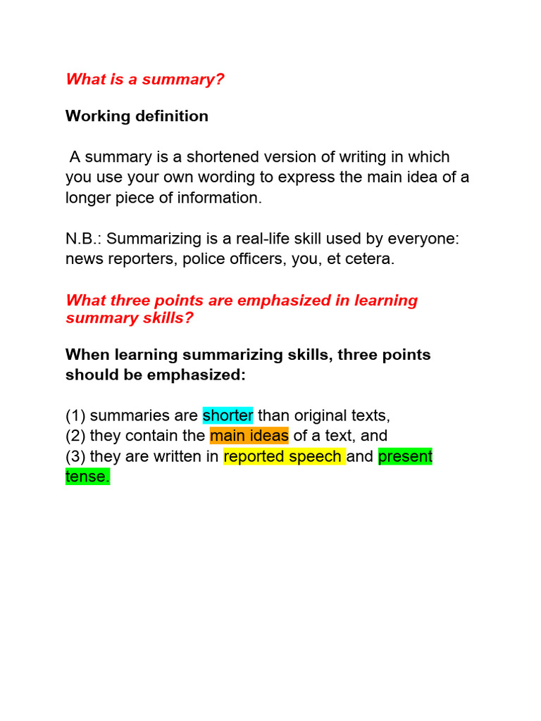 Summary Writing Lesson Notes | Download Free PDF | Cognitive Science ...
