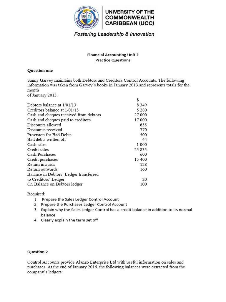 Financial Accounting Unit 2 Practice Questions | PDF | Debits And ...