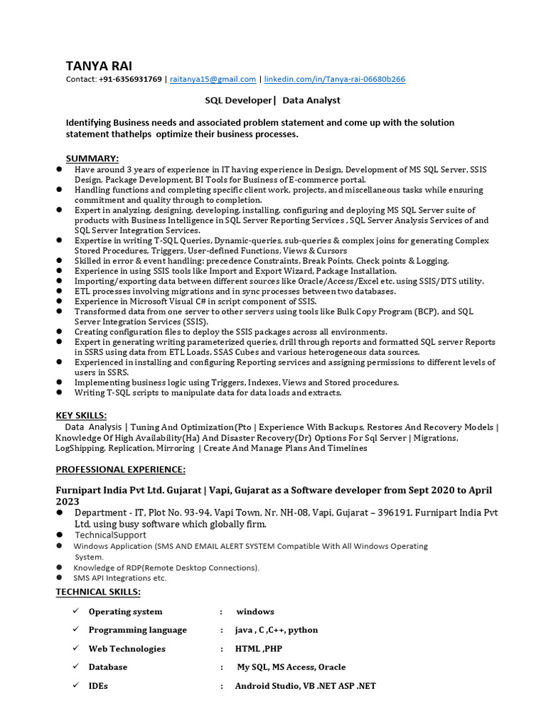 Naukri TanyaRai (2y 3m) | Download Free PDF | Microsoft Sql Server ...
