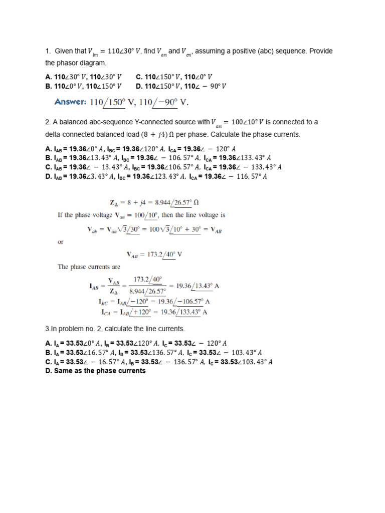 EE 402 S1 Final Quiz 2 3-Phase AC Ckts-Solution | PDF