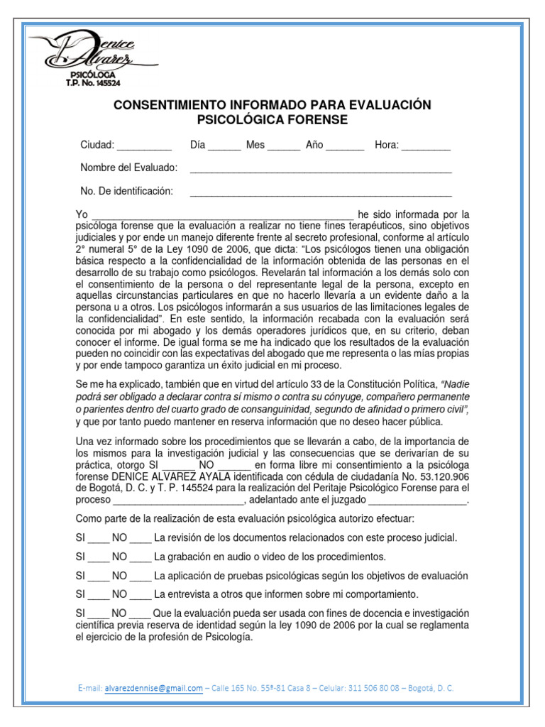 Consentimiento Evaluación Psicológica Forense | PDF | Abogado | Sicología