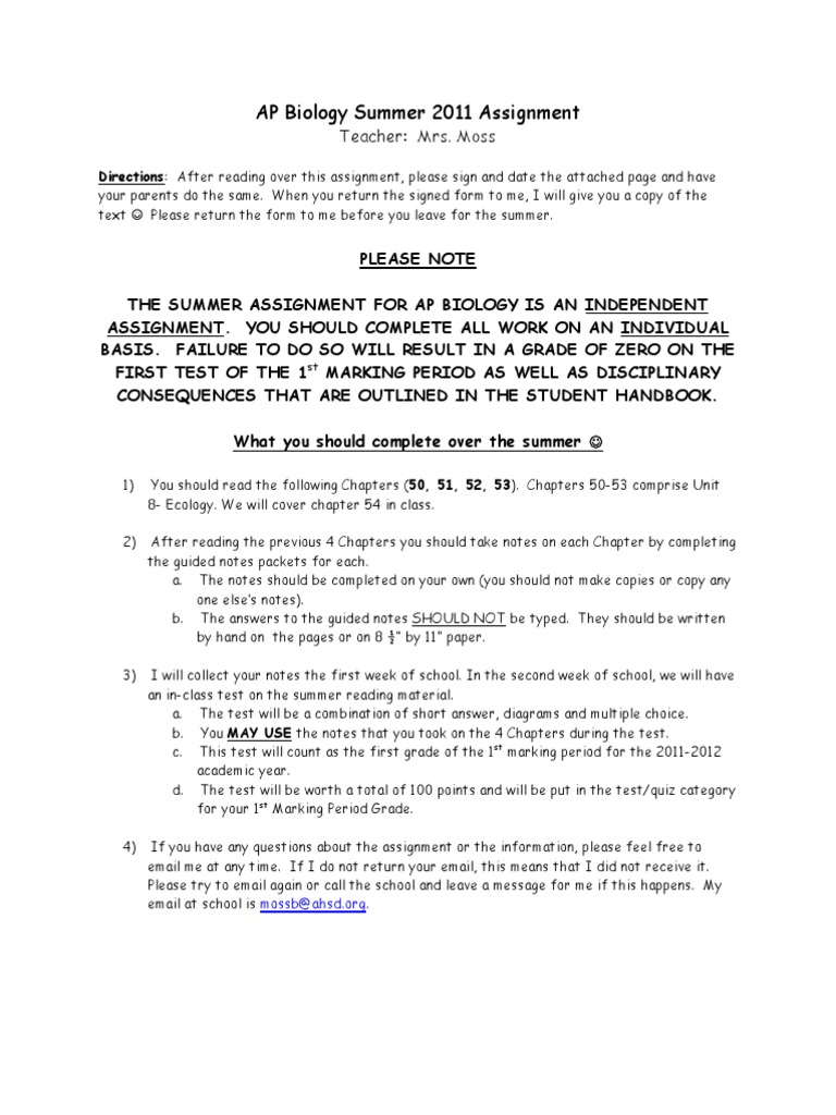 AP Biology Summer Assignment 2011 | PDF | Science | Science (General)