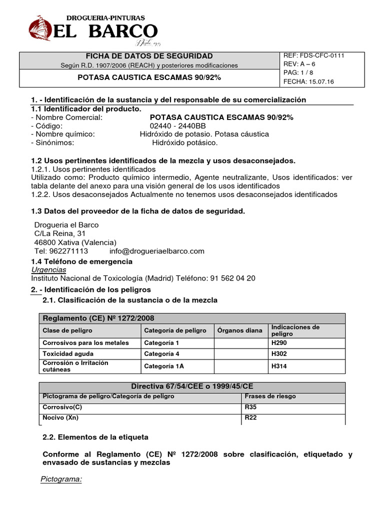 Potasa Caústica Escamas 90/92% FDS | PDF | Corrosión | Agua