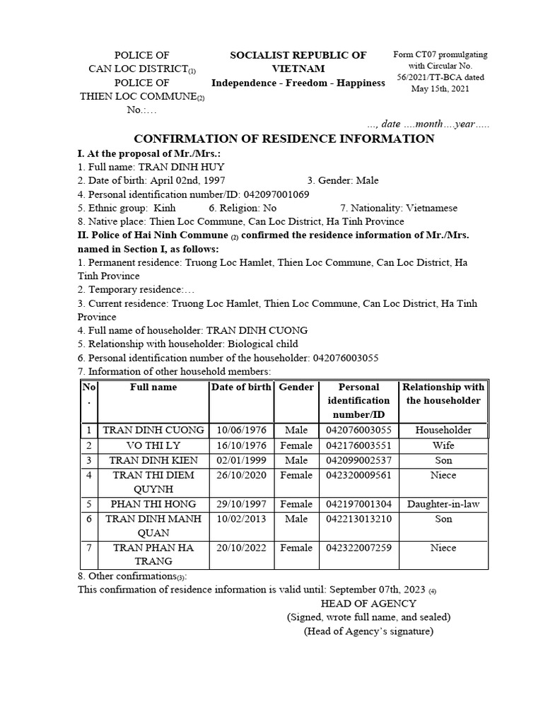 Confirmation of Residence (Trans) | PDF | Politics Of Vietnam | Southeast Asia