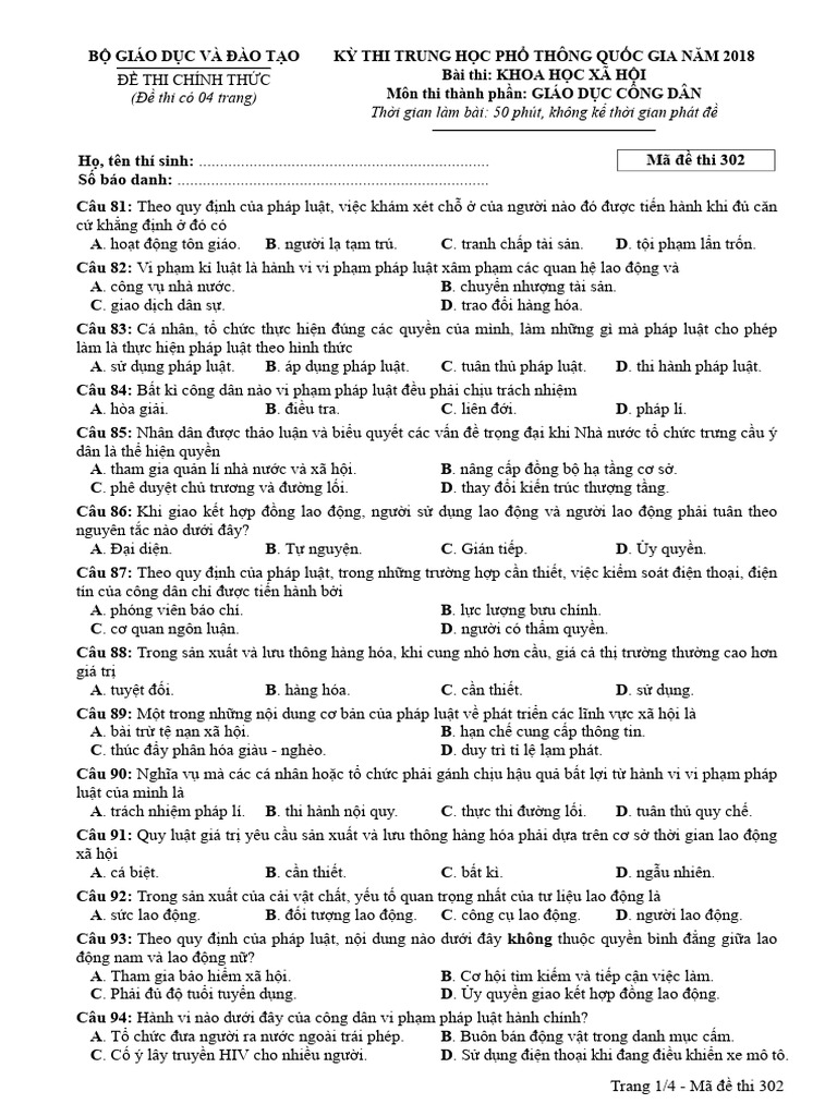 De Chinhthuc GDCD K18 M302 PDF | PDF