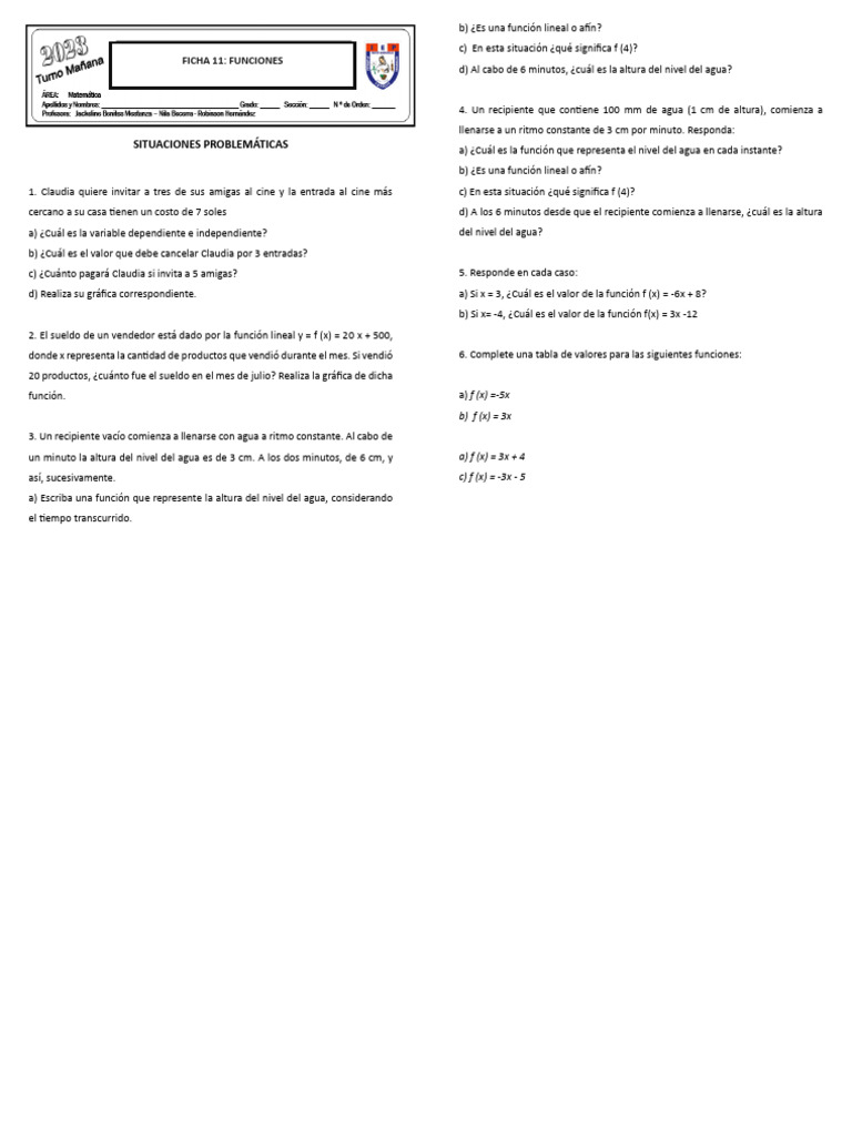Ficha 11 FUNCIONES | PDF | Función (Matemáticas)