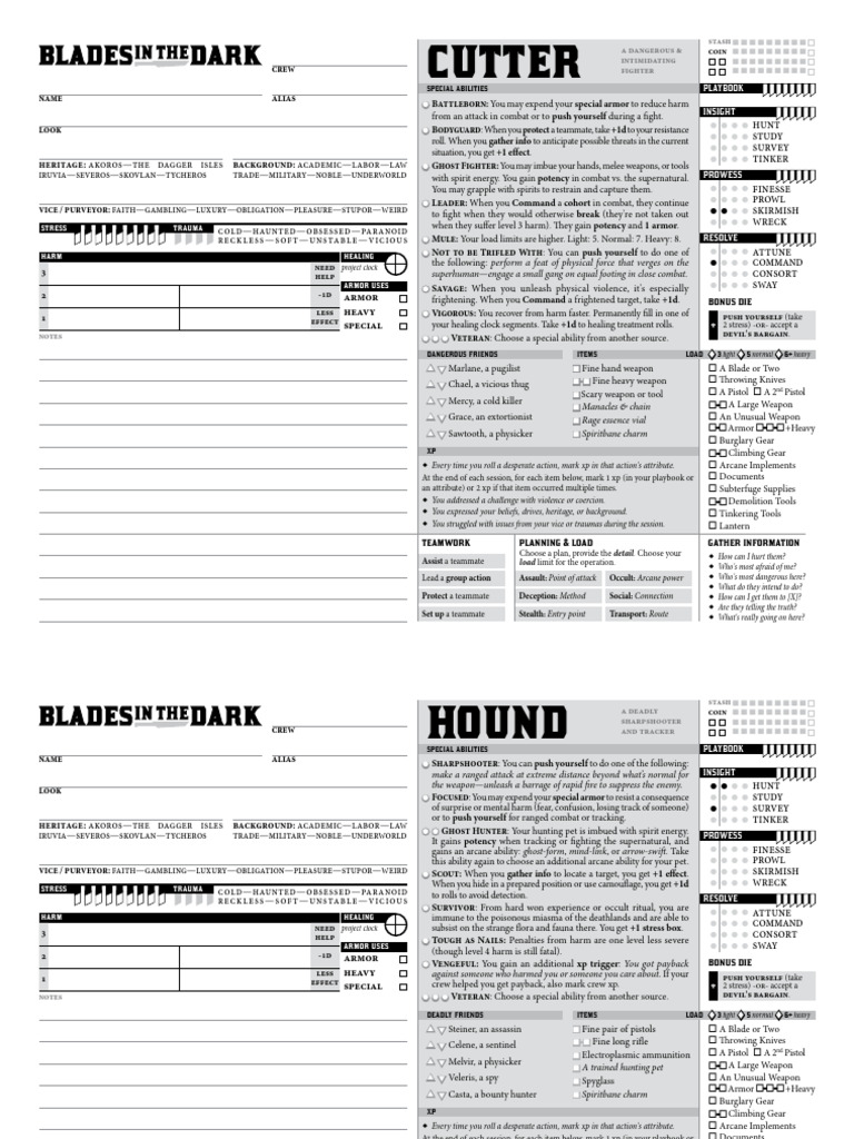 Blades in The Dark - Character Sheets | PDF