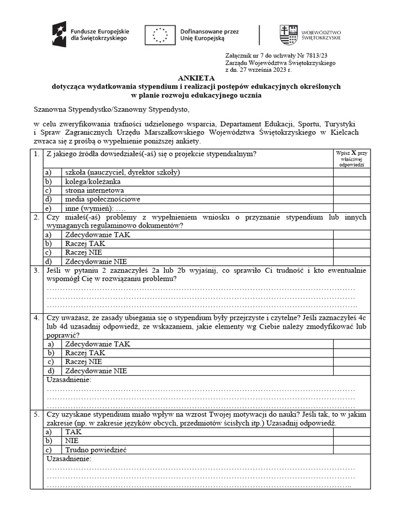 Zal. nr 7 - ankieta stypendysty - licea 2023 | PDF