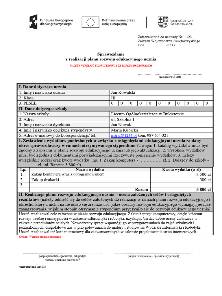 Zal. NR 6 - Sprawozd. Z Realiz. Planu Rozwoju - Licea 2023 Wzor | PDF
