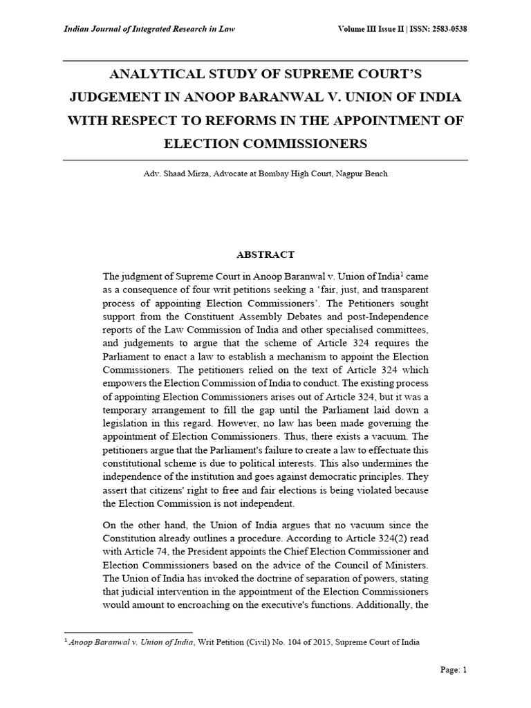 Analytical Study of Supreme Courts Judgement in Anoop Baranwal V Union of India With Respect To ...