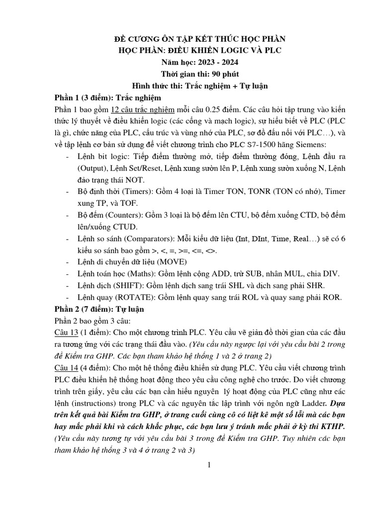 De Cuong On Tap Dieu Khien Logic Va PLC 2023 2024 | PDF