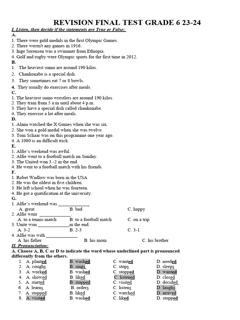 Grade 6 Revision Test: Listening & Language Skills | PDF | Sports ...