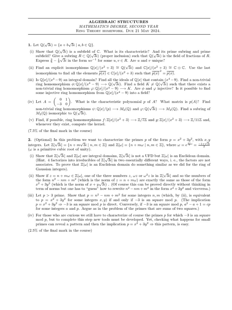 Ring Theory Homework for Algebra II | PDF | Ring (Mathematics) | Field ...