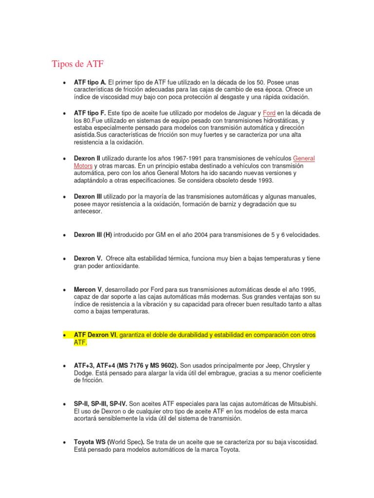 Tipos de ATF | PDF | Transmisión automática | Vehículos terrestres