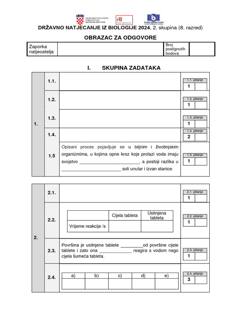 R. - Obrazac Za Odgovore - Drzavno - Bio - 2024 | PDF