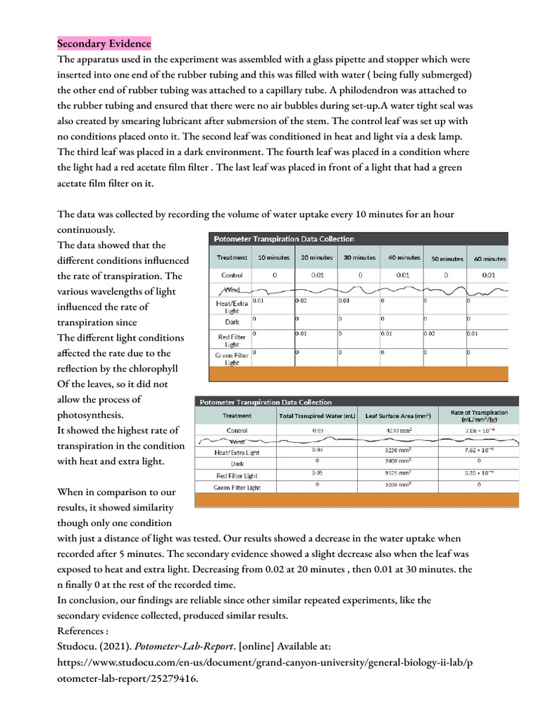 Secondary Evidence - Practical 8 Potometer | PDF | Wellness