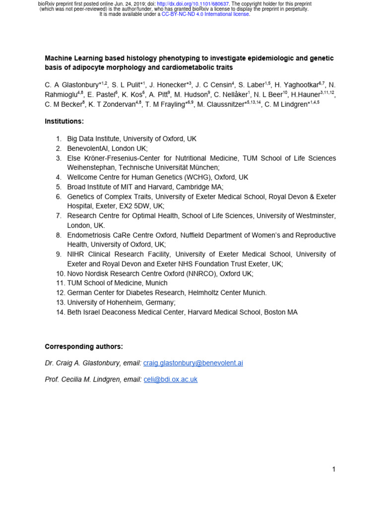 GLASTONBURY 2019 Machine Learning Based Histology Phenotyping To Investigate Epidemiologic and ...