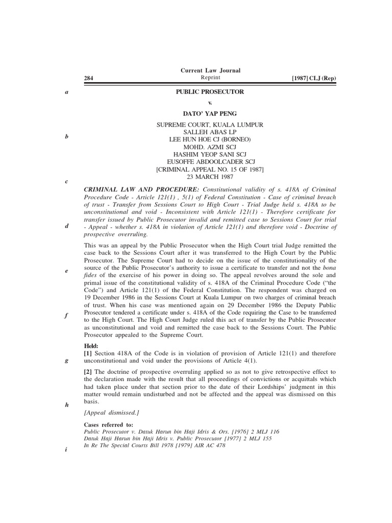 CLJRep - 1987 - 284 - BC03734 Dato Yap Peng | PDF | Prosecutor | Judgment (Law)