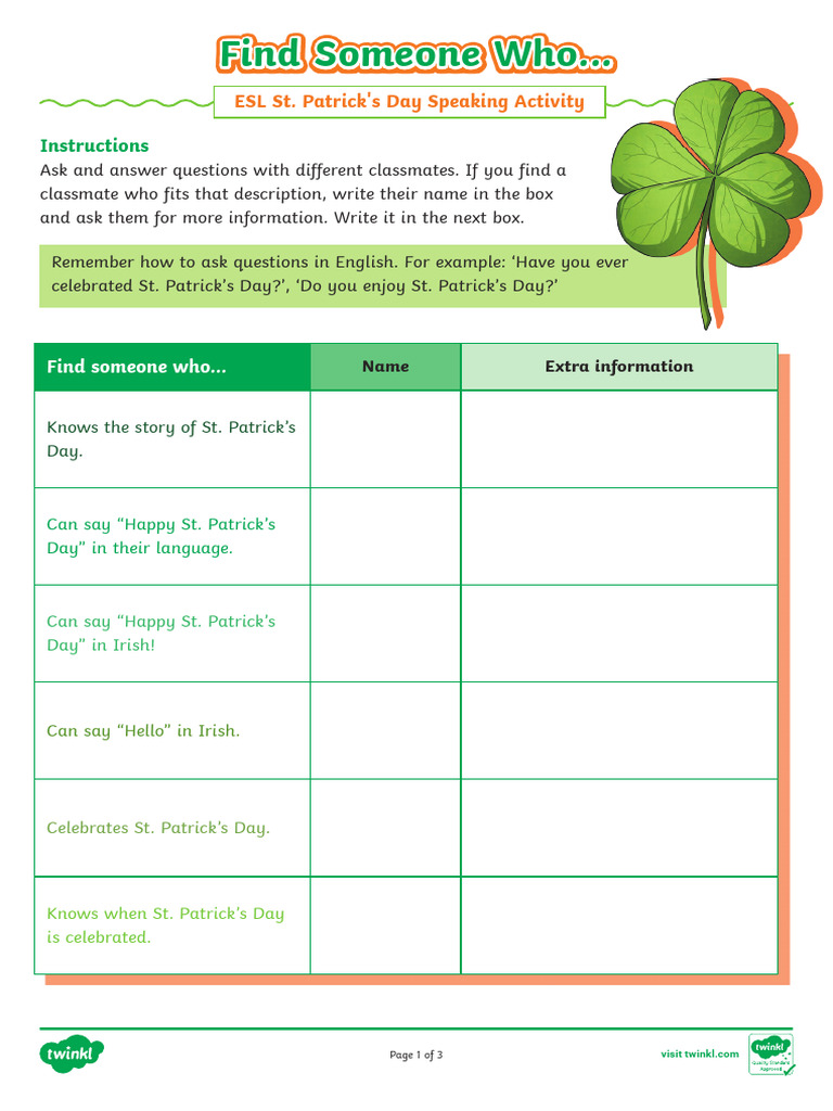 Find Someone Who - ST Patrick's Day Speaking Activity | PDF | English ...