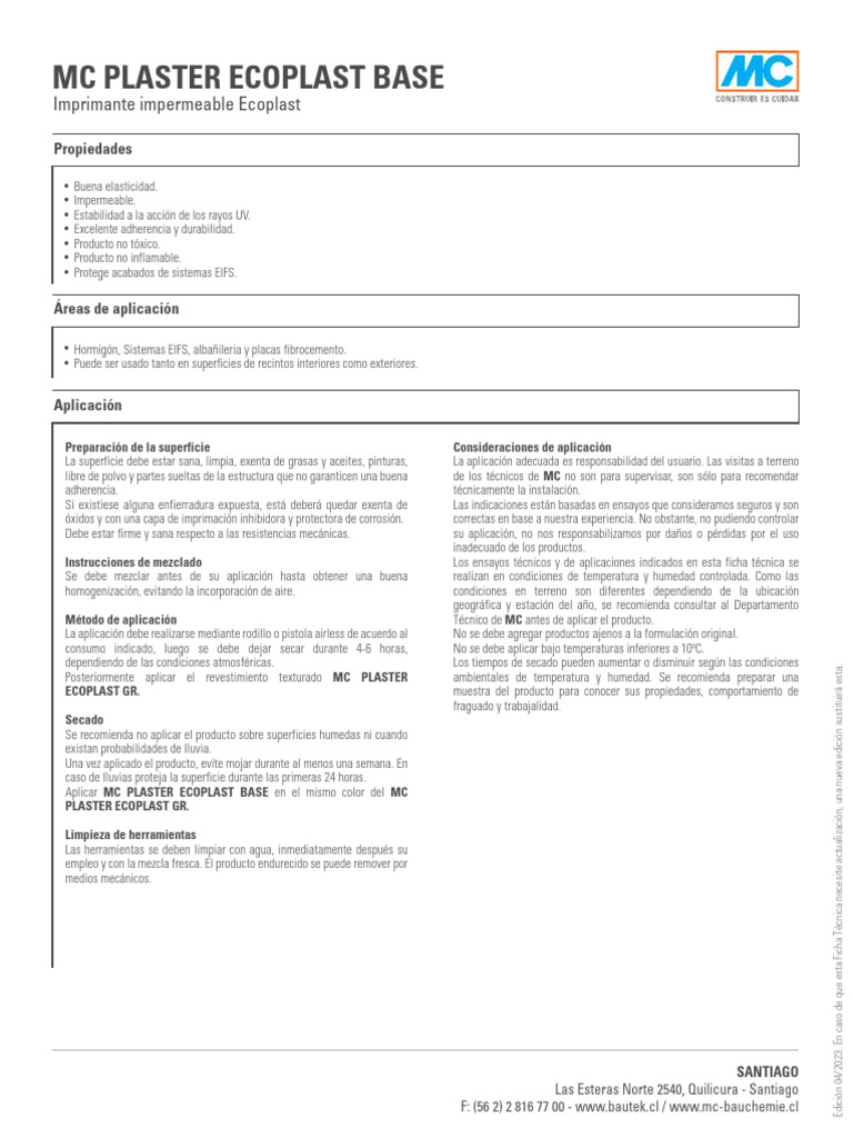 MC Plaster Ecoplast Base | PDF | Agua | Hormigón